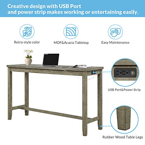 Knocbel Rustic Counter Height 3 Person Dining Table Set, 4-Piece Dinette Set with Socket and Backless Stools, Kitchen Dining Room Bar Pub Bistro Small Space Furniture Set (Distressed Gray Green)