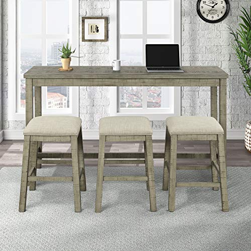 Knocbel Rustic Counter Height 3 Person Dining Table Set, 4-Piece Dinette Set with Socket and Backless Stools, Kitchen Dining Room Bar Pub Bistro Small Space Furniture Set (Distressed Gray Green)