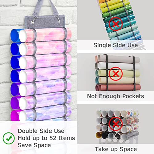 Modacraft Vinyl Roll Holder with 52 Compartments, Vinyl Organizer Storage Rack Wall Mount Clear Vinyl Hanging Bag and Keeper with Door Hooks and Strap for Home Craft Closet Wall Door, Grey