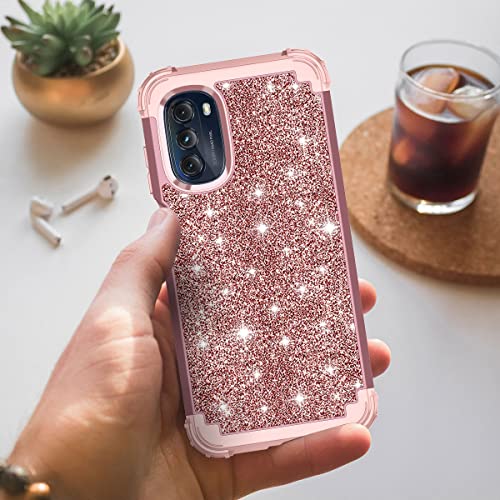 LONTECT Compatible with Moto G 5G 2022 Case Glitter Sparkly Bling Shockproof Heavy Duty Hybrid Sturdy High Impact Protective Cover Case for Motorola Moto G 5G 2022, Shiny Rose Gold