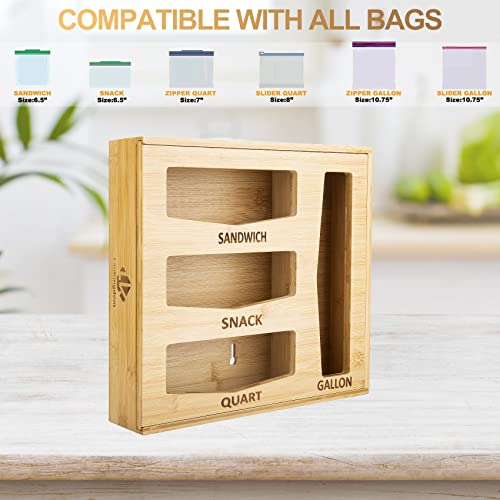 LauKingdom Ziplock Bag Organizer for Drawer Bamboo Baggie Organizer with Magnetic Slider Storage Bag Organizer for Wall Mount Plastic Bag Organizer