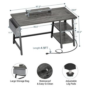 Armocity Computer Desk with Outlet and USB Charging Port, 47 Inch Desk with Reversible Storage Shelves, Modern Gaming Desk with Moveable Monitor Stand and Storage Bag for Home Office Workstation, Gray