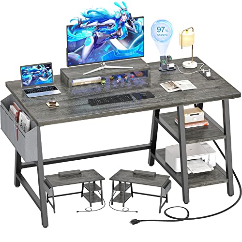 Armocity Computer Desk with Outlet and USB Charging Port, 47 Inch Desk with Reversible Storage Shelves, Modern Gaming Desk with Moveable Monitor Stand and Storage Bag for Home Office Workstation, Gray