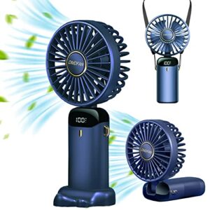 dmdfan mini handheld fan, portable personal fan hanging neck fan 90° adjustable usb rechargeable 3000mah small desk fan 5 speed for home office travel (3000mah, navy blue)