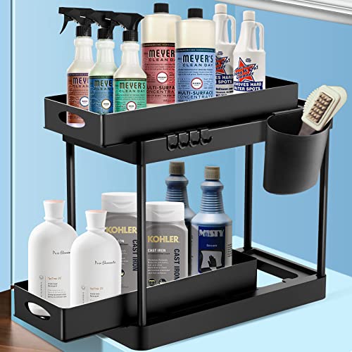 2 Tier Under Sink Organizers and Storage with 2 Sliding Drawers, Bathroom Organizer Under Sink Shelf, Multi-use Under Sink Storage Kitchen Basket with Hooks & Hang Cups for Countertop Cabinets