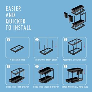 2 Tier Under Sink Organizers and Storage with 2 Sliding Drawers, Bathroom Organizer Under Sink Shelf, Multi-use Under Sink Storage Kitchen Basket with Hooks & Hang Cups for Countertop Cabinets