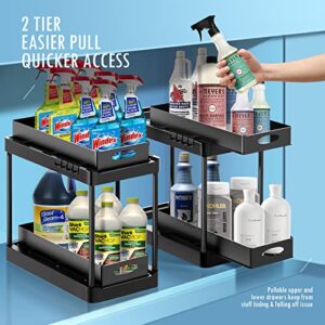 2 Tier Under Sink Organizers and Storage with 2 Sliding Drawers, Bathroom Organizer Under Sink Shelf, Multi-use Under Sink Storage Kitchen Basket with Hooks & Hang Cups for Countertop Cabinets