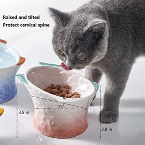 Raised Tilted Ceramic Cat Food Bowl - Cute Pink Fish Shape Elevated Slanted Shallow Angled Cat Dish - Personalized Pet Feeder for Kitty Dry Wet Treats Feeding - Ergonomic Anti Vomiting Whisker Fatigue