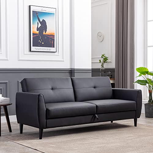 Merax Modern Futon Sofa Storge, PU Leather Convertible Sleeper Loveseat Living Roon Couch Bed for Small Space 81.5" W, Black Love Seats