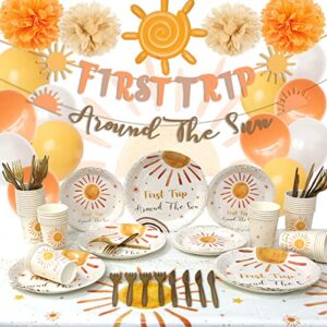 first trip around the sun birthday decoration- boho sun theme tableware set include sun plates,1st trip around the sun banner,sun boho tablecloth,boho balloons for sunshine 1st birthday supplies