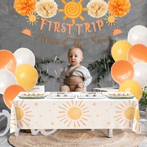 First Trip Around The Sun Birthday Decoration- Boho Sun Theme Tableware Set Include Sun Plates,1st Trip Around The Sun Banner,Sun Boho Tablecloth,Boho Balloons for Sunshine 1st Birthday Supplies