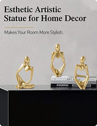 Bwytbwy Thinker Statue Gold Decor 3 Pcs, Bookshelf Decor, Gold Resin Sculpture for Book Shelf, Office, Living Room,Shelf Decoration