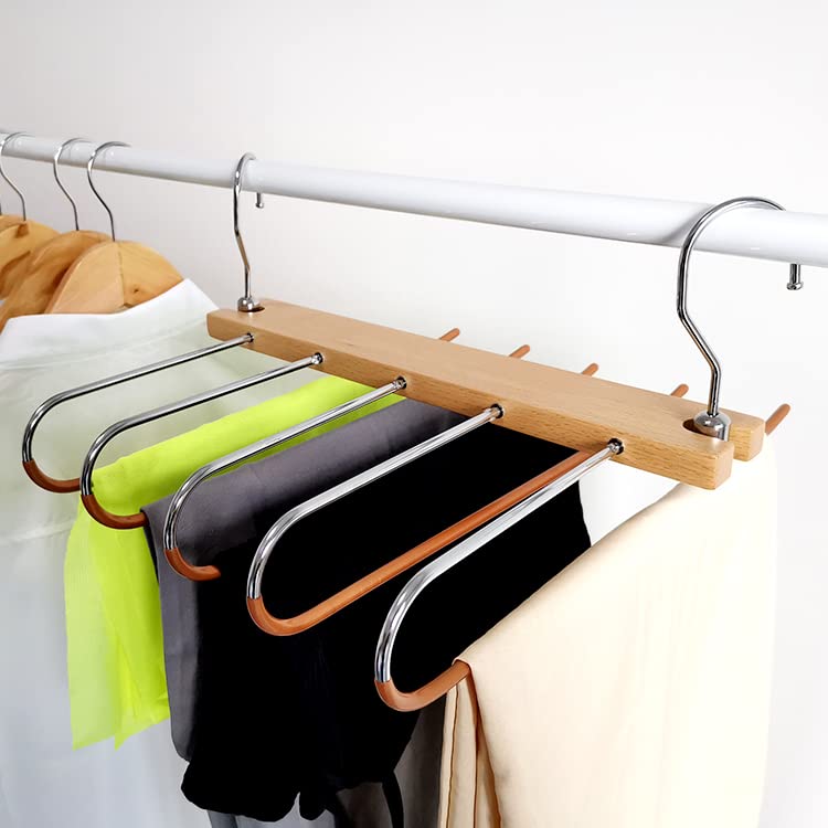 Raybolt Beech Wooden Pants Hangers Space Saver - Trouser Hanger, Space-Saving 5-in-1 Trouser Hanger, Stainless Steel Extendible, Multi Hanger, Magic Hanger, Wardrobe Clothes Hanger Holder