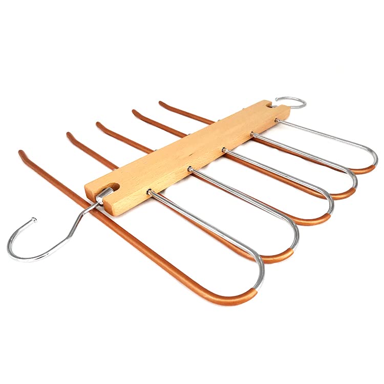 Raybolt Beech Wooden Pants Hangers Space Saver - Trouser Hanger, Space-Saving 5-in-1 Trouser Hanger, Stainless Steel Extendible, Multi Hanger, Magic Hanger, Wardrobe Clothes Hanger Holder