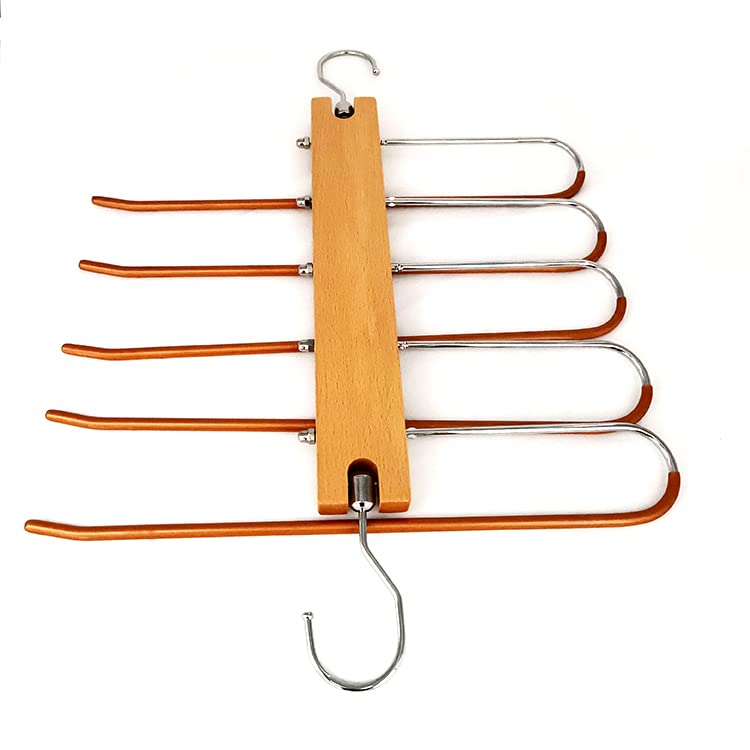 Raybolt Beech Wooden Pants Hangers Space Saver - Trouser Hanger, Space-Saving 5-in-1 Trouser Hanger, Stainless Steel Extendible, Multi Hanger, Magic Hanger, Wardrobe Clothes Hanger Holder