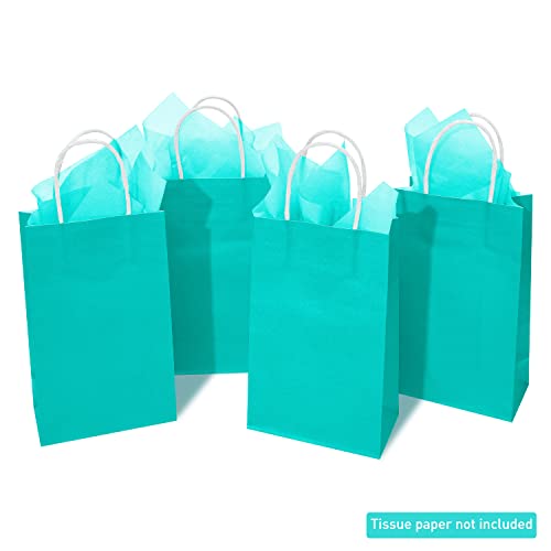 DjinnGlory 100 Pack Small Size Teal Blue Paper Gift Bags with Handles Bulk for Small Business Holiday Birthday Wedding Baby Shower Parties, Shopping Bags(Small 9x5.5x3.15 Inch, Teal)