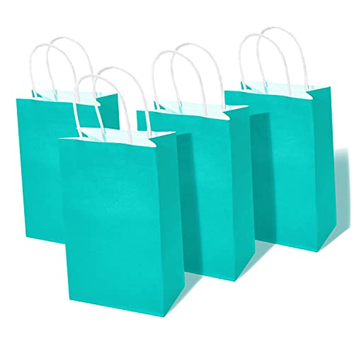 DjinnGlory 100 Pack Small Size Teal Blue Paper Gift Bags with Handles Bulk for Small Business Holiday Birthday Wedding Baby Shower Parties, Shopping Bags(Small 9x5.5x3.15 Inch, Teal)