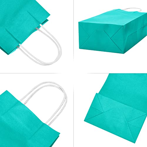 DjinnGlory 100 Pack Small Size Teal Blue Paper Gift Bags with Handles Bulk for Small Business Holiday Birthday Wedding Baby Shower Parties, Shopping Bags(Small 9x5.5x3.15 Inch, Teal)