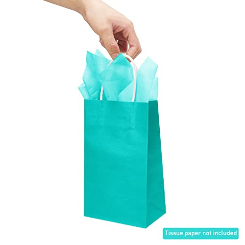 DjinnGlory 100 Pack Small Size Teal Blue Paper Gift Bags with Handles Bulk for Small Business Holiday Birthday Wedding Baby Shower Parties, Shopping Bags(Small 9x5.5x3.15 Inch, Teal)