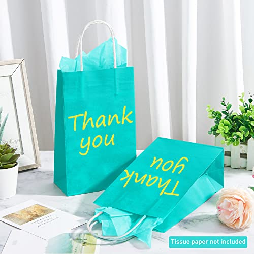 DjinnGlory 100 Pack Small Size Teal Blue Paper Gift Bags with Handles Bulk for Small Business Holiday Birthday Wedding Baby Shower Parties, Shopping Bags(Small 9x5.5x3.15 Inch, Teal)