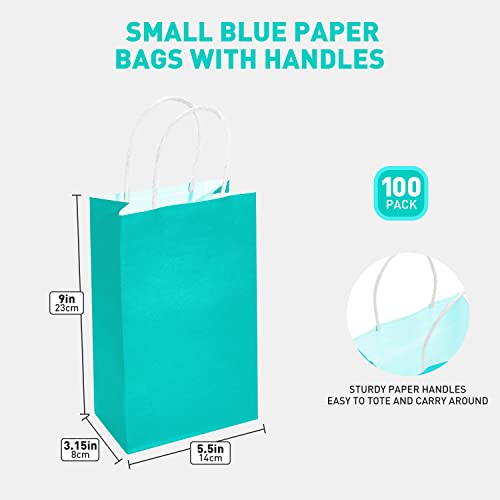 DjinnGlory 100 Pack Small Size Teal Blue Paper Gift Bags with Handles Bulk for Small Business Holiday Birthday Wedding Baby Shower Parties, Shopping Bags(Small 9x5.5x3.15 Inch, Teal)