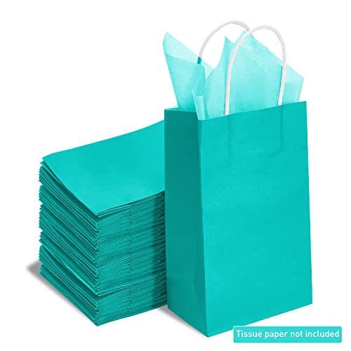 DjinnGlory 100 Pack Small Size Teal Blue Paper Gift Bags with Handles Bulk for Small Business Holiday Birthday Wedding Baby Shower Parties, Shopping Bags(Small 9x5.5x3.15 Inch, Teal)