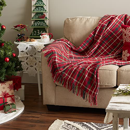 DII Christmas Plaid Décor Collection Recycled Cotton Throw Size Holiday Blankets, 50x60, Tartan Holly Red