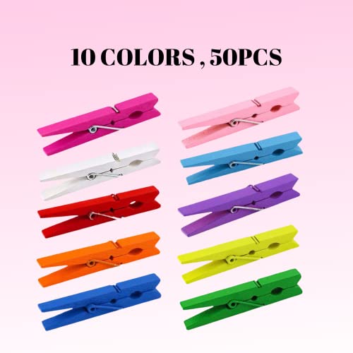 Clothes Pins, Colored Clothespins 50 PCS 2.9" Natural Birchwood Close Pins, Strong Grip, Rainbow Colorful Clothespins, Multi-Purpose Colored Clothes Pins for Crafts, Hanging Clothes, Laundry