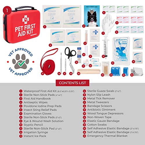 Dog First Aid Kit | Pet First Aid Supplies to Treat Your Dogs & Cats in an Emergency | Includes Pet First Aid Kit Book, Tick Remover, Slip Leash & Medical Essentials for Home, Camping, Car, RV, Travel