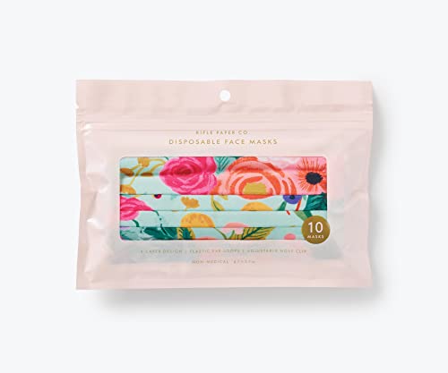 RIFLE PAPER CO. Garden Party Disposable Face Masks, Set of 10 Masks, ≥90% Particle Filtration Efficiency, Three-Layer Design