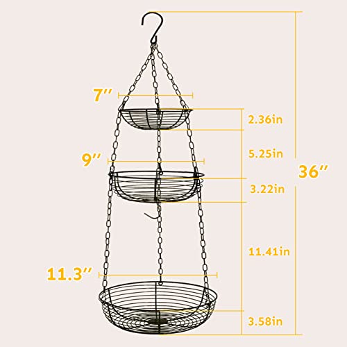 HULISEN 3 Tier Hanging Fruit Basket with Banana Hook, Heavy Duty Wire Hanging Baskets for Kitchen Storage, 36 Inch Hanging Vegetable Produce Basket Organizer (Including Installation Bracket)