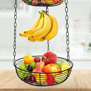 HULISEN 3 Tier Hanging Fruit Basket with Banana Hook, Heavy Duty Wire Hanging Baskets for Kitchen Storage, 36 Inch Hanging Vegetable Produce Basket Organizer (Including Installation Bracket)