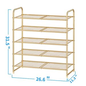 Simple Trending 5-Tier Stackable Shoe Rack, Expandable & Adjustable Shoe Shelf Storage Organizer, Metal Mesh, Gold