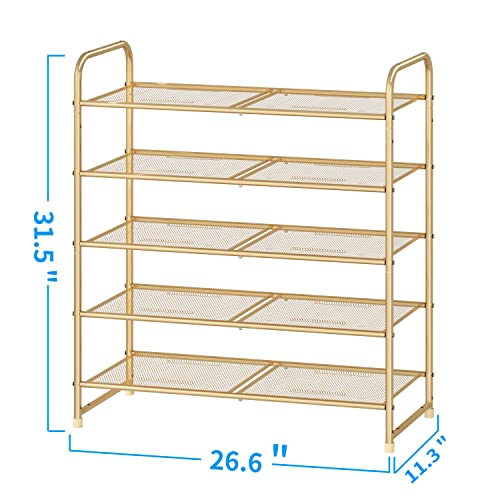 Simple Trending 5-Tier Stackable Shoe Rack, Expandable & Adjustable Shoe Shelf Storage Organizer, Metal Mesh, Gold