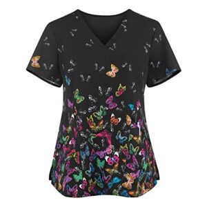 women's plus size animal printed scrub tops v-neck fun t shirts workwear nurse uniform tee with pockets