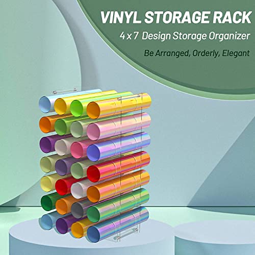 28 Holes Vinyl Storage Organizer, Acrylic Vinyl Roll Holder Vinyl Sheet Storage Rack Display Stand for Craft Room, Transparent and Lightweight, Compatible with 2-Inch Vinyl Roll - Clear Acrylic