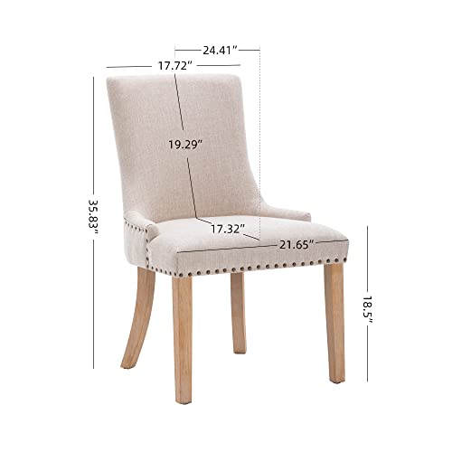 KCC Fabric Dining Chairs Set of 2 Upholstered Dining Room Chair with Solid Wood Legs,Modern Style Armless Chair with Nailhead Trim for Kitchen, Beige