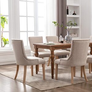 KCC Fabric Dining Chairs Set of 2 Upholstered Dining Room Chair with Solid Wood Legs,Modern Style Armless Chair with Nailhead Trim for Kitchen, Beige