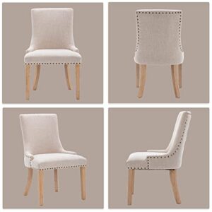 KCC Fabric Dining Chairs Set of 2 Upholstered Dining Room Chair with Solid Wood Legs,Modern Style Armless Chair with Nailhead Trim for Kitchen, Beige