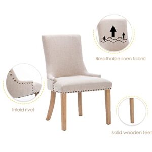 KCC Fabric Dining Chairs Set of 2 Upholstered Dining Room Chair with Solid Wood Legs,Modern Style Armless Chair with Nailhead Trim for Kitchen, Beige