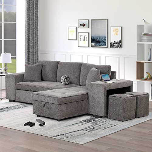 Olodumare 104" Inch Reversible Sectional Sofa, Modern L-Shape Pull Out Bed Sleeper Couch w/ 2 Stools, Storage Arm & Storage Chaise for Small Living Room (Knox Charcoal)