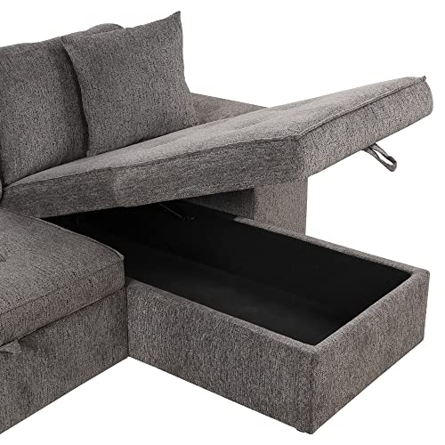 Olodumare 104" Inch Reversible Sectional Sofa, Modern L-Shape Pull Out Bed Sleeper Couch w/ 2 Stools, Storage Arm & Storage Chaise for Small Living Room (Knox Charcoal)