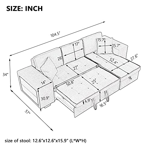 Olodumare 104" Inch Reversible Sectional Sofa, Modern L-Shape Pull Out Bed Sleeper Couch w/ 2 Stools, Storage Arm & Storage Chaise for Small Living Room (Knox Charcoal)