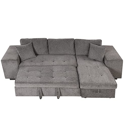 Olodumare 104" Inch Reversible Sectional Sofa, Modern L-Shape Pull Out Bed Sleeper Couch w/ 2 Stools, Storage Arm & Storage Chaise for Small Living Room (Knox Charcoal)