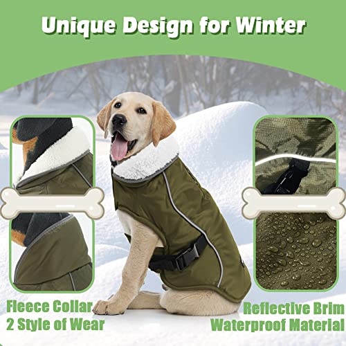 EMUST Dog Cold Weather Coats, Fleece Lining Small/Medium/Large Dog Jacket for Winter, Warm Waterproof Dog Winter Clothes for Large Dogs, Green, XL