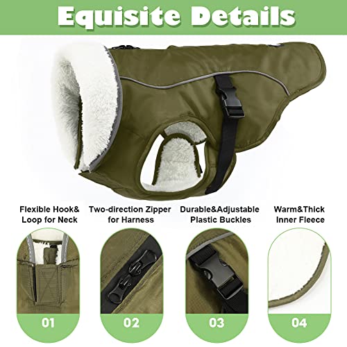 EMUST Dog Cold Weather Coats, Fleece Lining Small/Medium/Large Dog Jacket for Winter, Warm Waterproof Dog Winter Clothes for Large Dogs, Green, XL