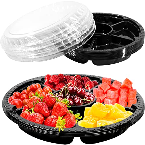 JiaUfmi 12 Pieces Round Appetizer Serving Trays with Lids 10 Inches Veggie Fruit Trays Disposable Food Storage Containers 6 Divided Compartments Serving Containers Veggie Trays for Party (Black)