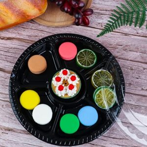 JiaUfmi 12 Pieces Round Appetizer Serving Trays with Lids 10 Inches Veggie Fruit Trays Disposable Food Storage Containers 6 Divided Compartments Serving Containers Veggie Trays for Party (Black)