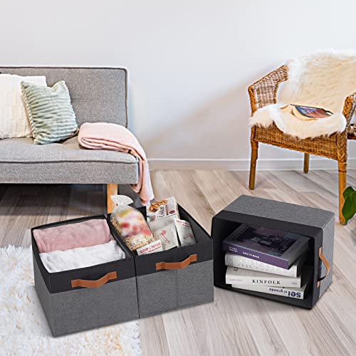 PFFVRP Storage Basket, Fabric Storage Bins with Dual PU Handles, Foldable Storage Baskets for shelves, Storage Boxes for Home, Toys, Clothes,Closet(Black-Grey)