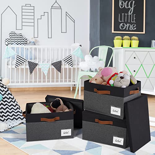 PFFVRP Storage Basket, Fabric Storage Bins with Dual PU Handles, Foldable Storage Baskets for shelves, Storage Boxes for Home, Toys, Clothes,Closet(Black-Grey)